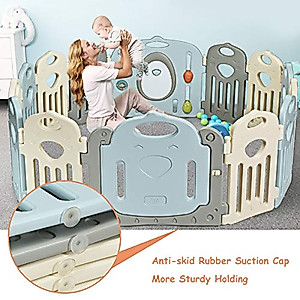 Costzon Baby Fence 14-Panel Baby Playpen, Kids Portable Play Yard Indoor Outdoor w/Walk-Through Locking Door, Game Panel, Non-Slip Rubber Bases, Adjustable Shape for Children Toddlers