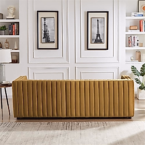 Ashcroft Furniture Co Sier Mid Century Modern Luxury Velvet Sofa Couch in Cognac