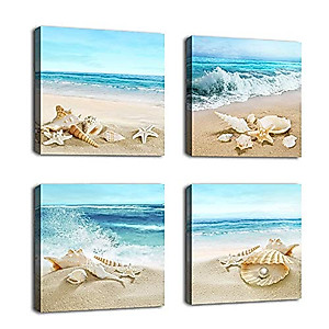 Beach Waves Wall Art Ocean Decor Sands Seashell Starfish Nature Pictures Blue Canvas Artwork Turquoise Wall Art for Bathroom Bedroom Living Room Office Kitchen Wall Decor 12" x 12" x 4 Pieces