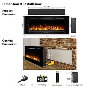 PuraFlame Alice 50 Inches Recessed Electric Fireplace, Flush Mounted for 2 X 6 Stud, Log Set & Crystal, 1500W Heater, Remote Control, Black