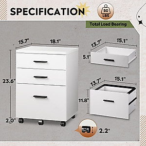 DEVAISE 3 Drawer File Cabinet for Home Office, Wood Under Desk Filing Cabinet, Rolling Printer Stand with Wheels, White
