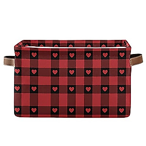 senya Valentine's Day Basket with Handles, Valentine's Day Red Buffalo Check Love Heart Foldable Fabric Collapsible Storage Bins Organizer Bag for Storage Clothes