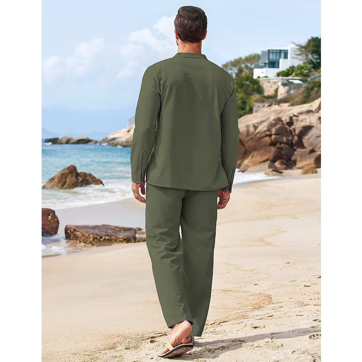 COOFANDY Men's 2 Piece Linen Sets Casual Long Sleeve Shirt and Loose Pants Set Beach Vacation Outfits, Army Green, Large