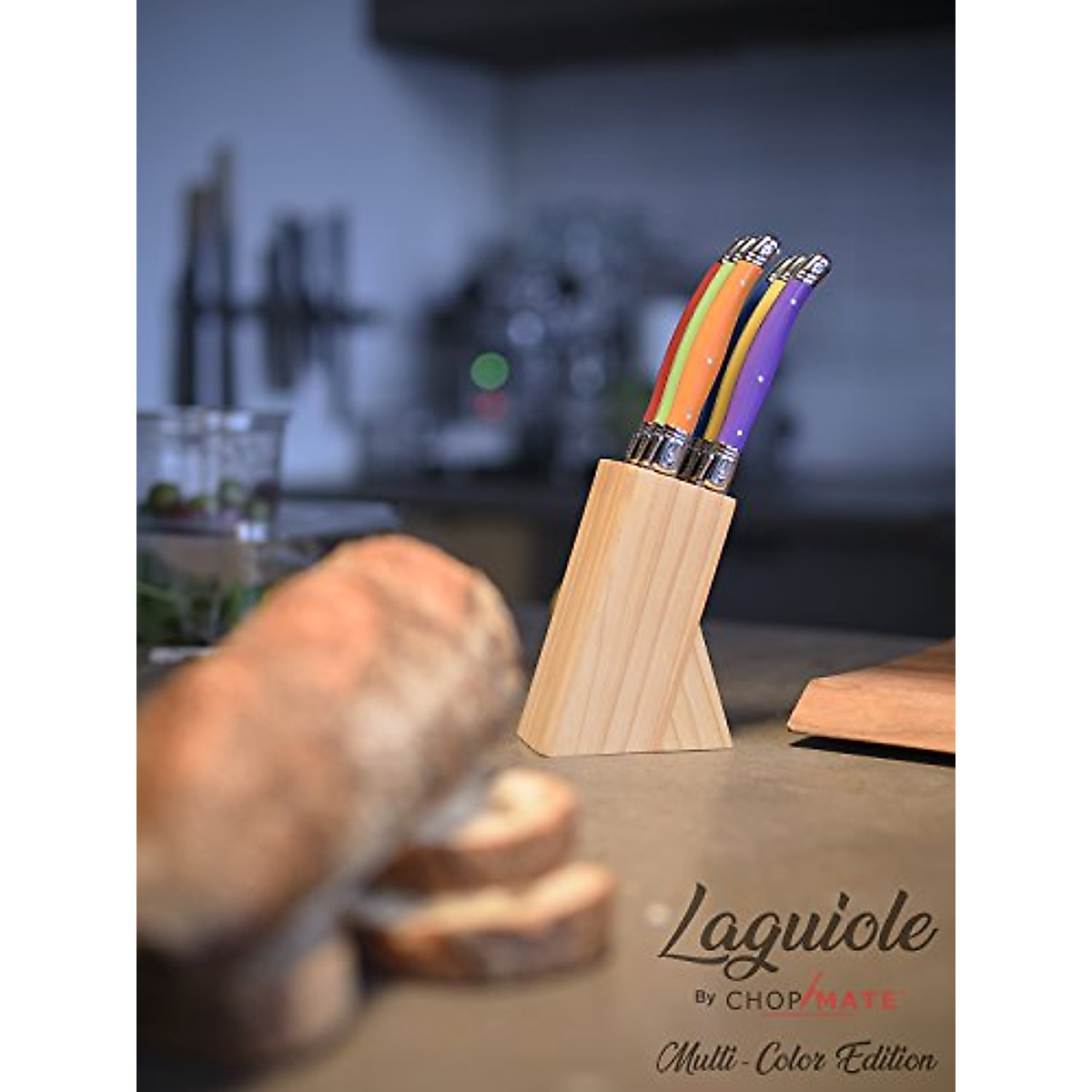 Chopmate - Laguiole Style - Stainless Steel Premium Steak Knife Set - Vibrant Multi Color Edition - 6 Piece Set + Bonus Wood Storage Display Block