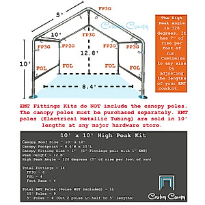 10' x 10' High Peak Canopy Fittings, DIY RV & Boat Carport, Party Tent, 1" EMT Metal Frame Parts