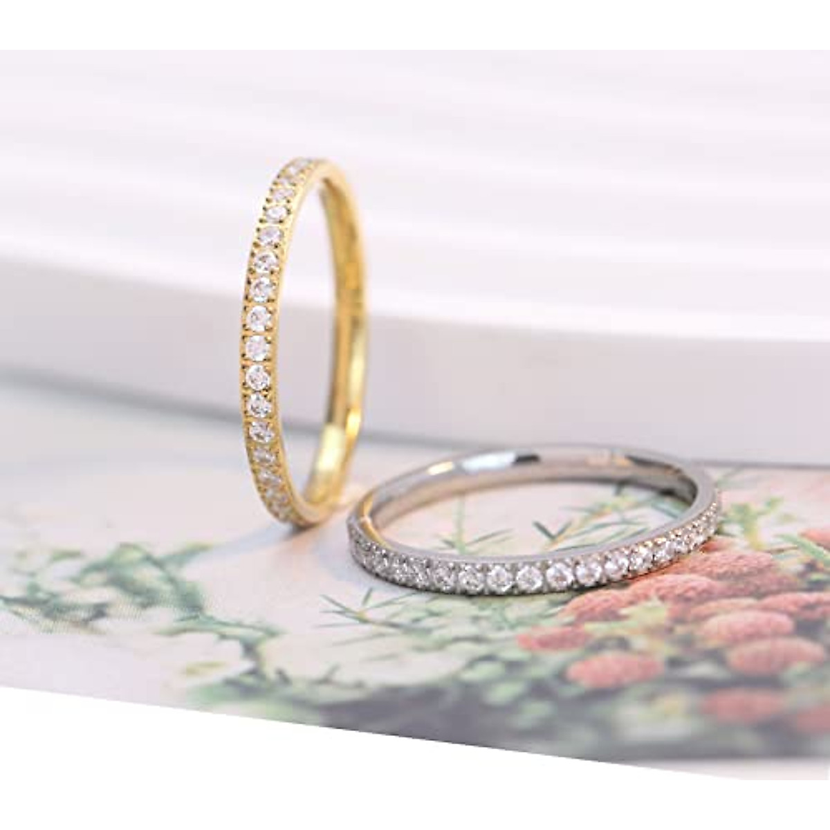 MYNENEY 14K Gold/Silver Plated Wedding Band Cubic Zirconia Eternity Stackable Engagement Ring For Women (2MM Diamonds Gold, 4)