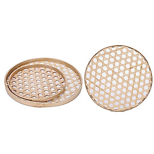 100% Handwoven Flat Wicker Round Fruit Basket Woven Food Storage Weaved Shallow Tray Organizer Holder Bowl Decorative Rack Display Kids DIY Drawing Board (Hexagon Hollow-Bamboo-White, 30cm/11.8")
