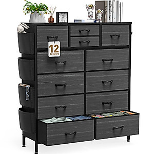 YaFiti Dresser for Bedroom with 12 Drawers, Chest of Drawers with Side Pockets and Hooks, Fabric Dresser Drawers for Living Room, Hallway, Entryway (Black Wood Grain)