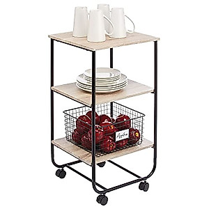 mDesign Metal Wood 3-Tier Rolling Household Storage Cart to use in Bathrooms, Kitchen, Craft Rooms, Laundry Rooms, and Kid's Rooms - Portable, Includes 4 Caster Wheels - Natural/Black