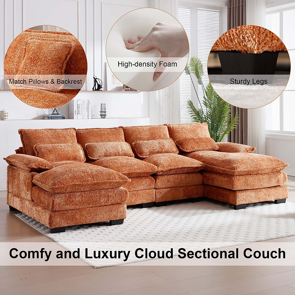GNIXUU 110" Sectional Sofa Cloud Couch for Living Room, Modern Chenille U Shaped Couch, Comfy Modular Sofa Sleeper with Double Chaise & Memory Foam(Orange)