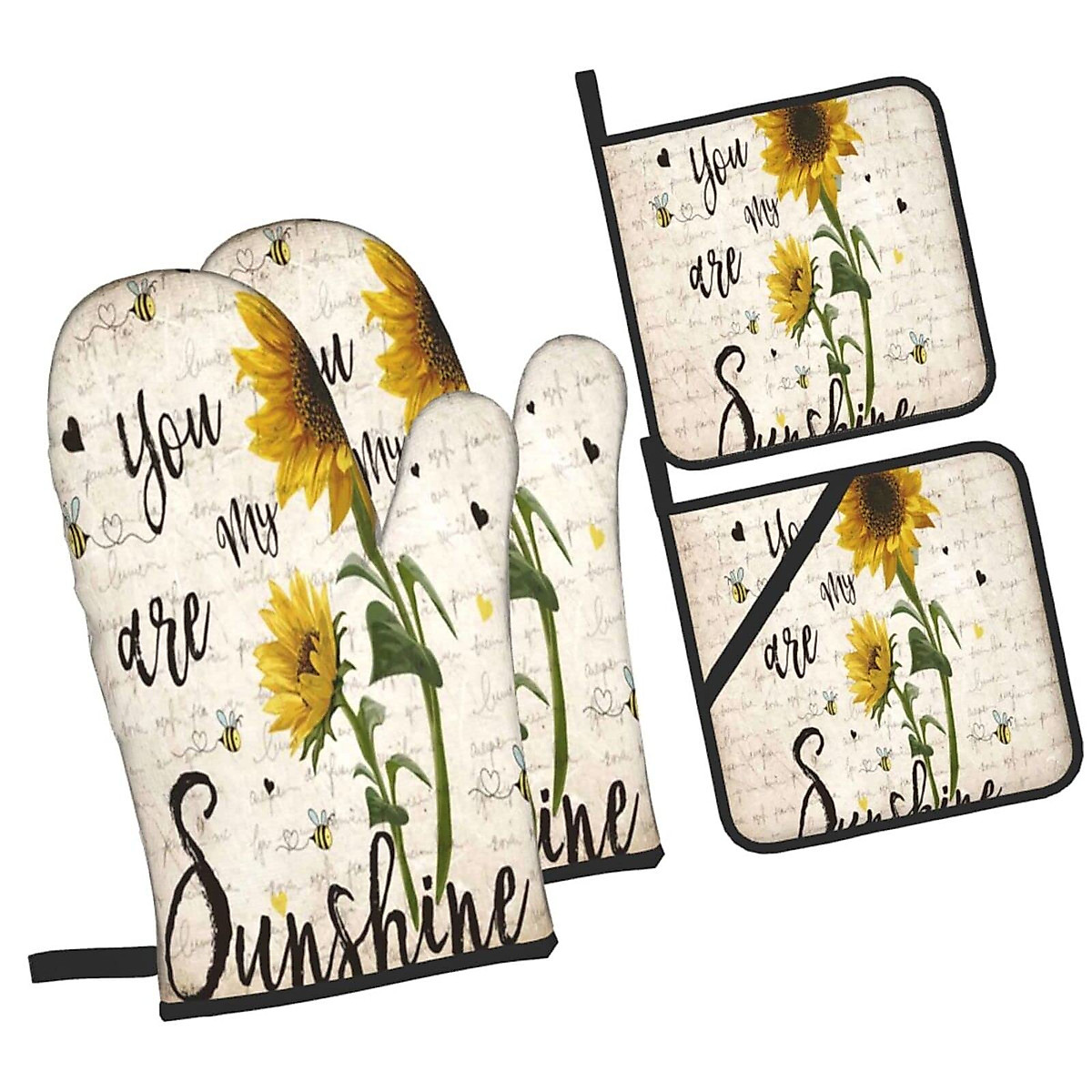 4-Piece Oven Glove and Pot Holder,You are My Sunshine Sunflower Retro Newspaper,Heat-Resistant Oven Glove and Pot Holder,Can Be Used for Cooking and Grilling