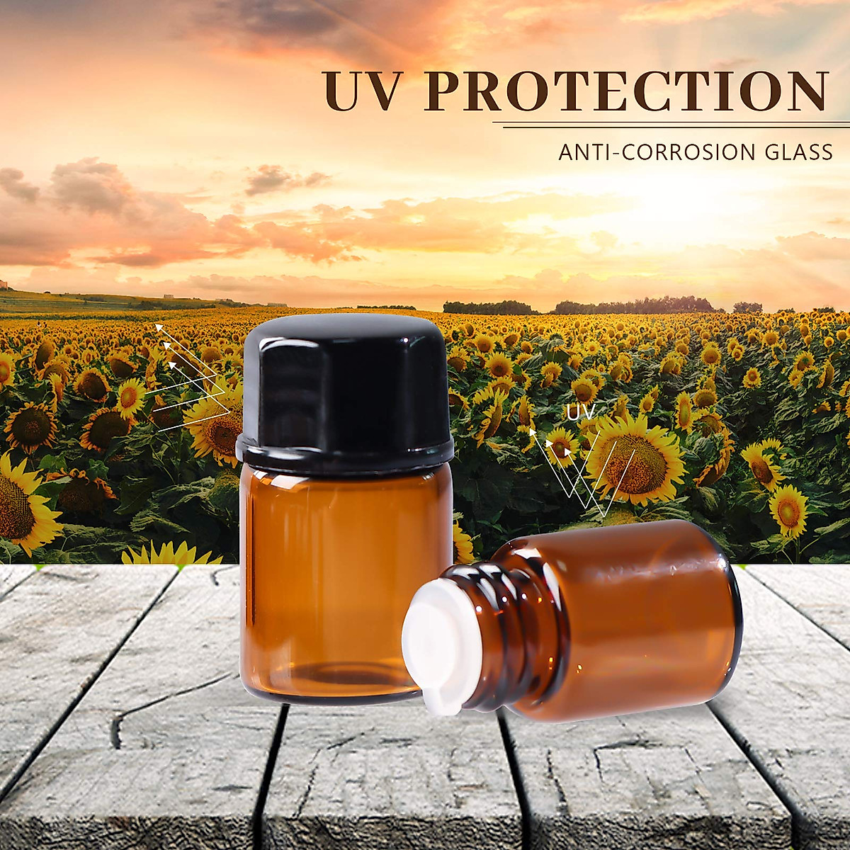 HWASHIN 100 Pack 2ml (5/8 Dram) Amber Mini Glass Essential Oils Sample Bottles with Black Caps for Essential Oils, Perfumes & Lab Chemicals (30ml Measuring Cup and 5 Droppers Included)