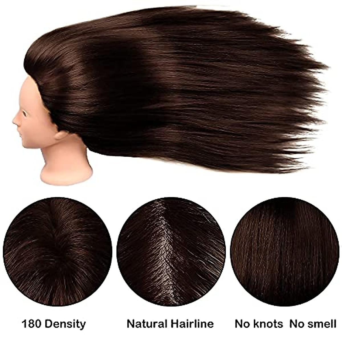 NAYOO Long Hair Mannequin Head With Real Hair 60% Training Head Hairdresser Practice Styling Manikin Head Cosmetology Doll Head Straight Hair with 7 Tools and Stable Clamp Stand (26inch No makeup, 4#)