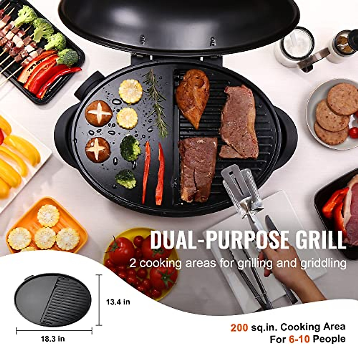 VEVOR Indoor/Outdoor Electric Grill, 1800W 200sq.in Electric BBQ Grill & 2 Zone Grilling Surface, Non-stick Ceramic Coating Plate, Adjustable Temperature, Removable Stand Patio Grill for Party Camping