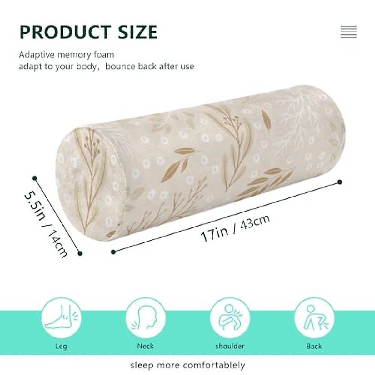 xigua Golden Leaf Flower Neck Roll Pillow for Neck Relief with Removable Washable Cover - Memory Foam Round Cylinder Bolster, Ergonomically Designed for Head, Neck, Back, and Legs
