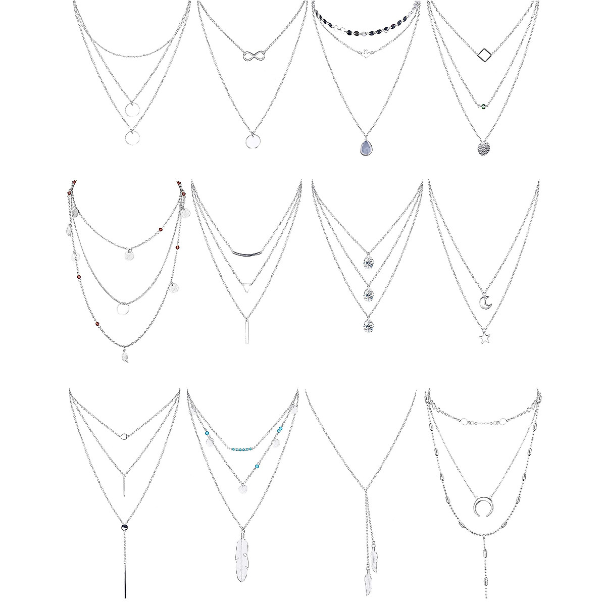 FINREZIO 12 PCS Gold Plated Layered Necklace for Women Sexy Long Choker Chain Y Necklace Bar Feather Pendent Necklace Sets Silver Tone