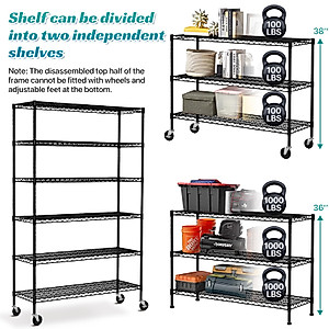 YRLLENSDAN 6 Tier Wire Shelving Unit 6000lbs Capacity Metal Storage Shelves with Wheels Height Adjustable Heavy Duty Steel Shelf for Kitchen Garage,48" W x 18" D x 72" H, Black