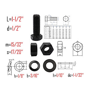 LBY 8 Sets Hex Bolts Kit, 1/2-13×1-1/2'' Hex Head Screws Bolts (Fully Threaded), with Heavy-Duty Nuts, Flat & Lock Washers, Alloy Steel (Black)