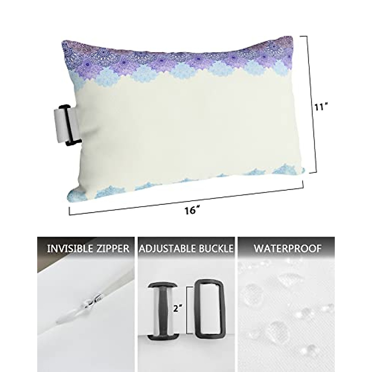 Recliner Head Pillow Ledge Loungers Chair Pillows with Insert Boho Aqua and Purple Flower Floral Lumbar Pillow with Adjustable Strap Outside Patio Decorative Garden Cushion for Bench Couch, 2 PCS