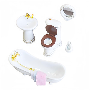 SUCCUNA Dollhouse Accessories Bathroom Set 1 12 Scale Dollhouse Furniture Miniatures Toys Mini Ceramic Toilet Washbasin Mirror Bathtub with 3 Towels for Dollhouse Restroom Decoration