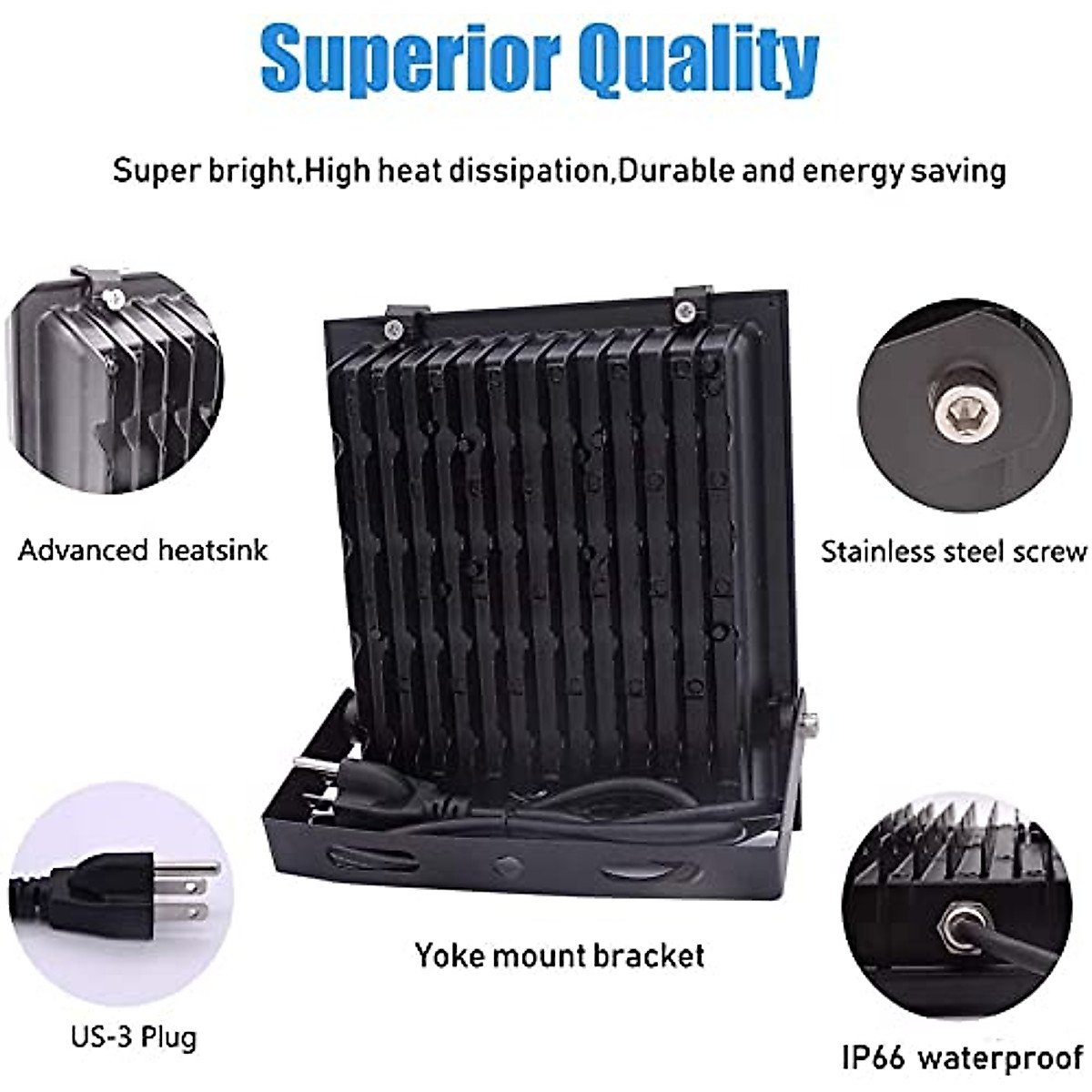 HANNAHONG 10W LED Flood Light with Plug,1000lm Super Bright Security Lights, IP66 Waterproof Outdoor Work Light, 6000K Daylight White Spotlight for Eave, Porch, Garage, Patio, Yard, Garden, Lawn