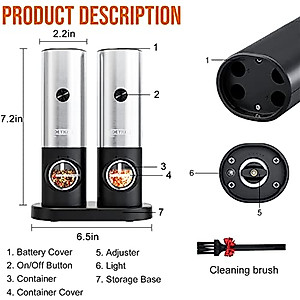 Electric Pepper and Salt Grinder Set, Adjustable Coarseness, Battery Powered with LED Light and Storage Base, One Hand Automatic Operation, Stainless Steel, 2 Pack