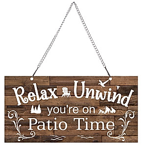 10 x 5 Inch Patio Wall Decor Hanging Wall Art Metal Plaque Signs Vintage Balcony Decor Retro Patio Accessories Relax Unwind You're on Patio Time with Chain for Home Pub (White Words with Brown Base)