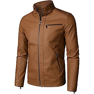 HOOD CREW Men’s Classic Zip Up Bomber Faux Leather Jackets Brown L