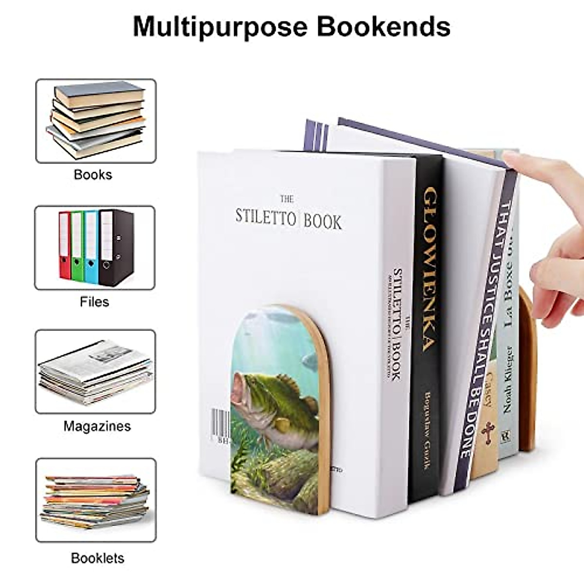 Wooden Book Ends 2 Pieces,Bass Fish Decorative Bookshelf Sturdy Book Holders for Home Office School Book Organizers 5x3.1x3.9 inches