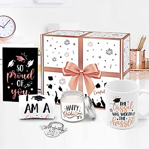 Graduation Gift Set for Her Congratulations Present Box for Girl Women Girlfriend Sister Coffee Mugs Socks Key Chain Candle Card Rose Gold