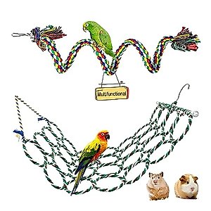 Duckiimo Bird Swing Hemp Rope Net, Parakeet Perch Climbing Bungee Ladder, Hammock Hanging Parrot Cage Toy for African Grey, Little Macaw, Cockatoo, Parakeets, Cockatiel, Conure (Multifunction)