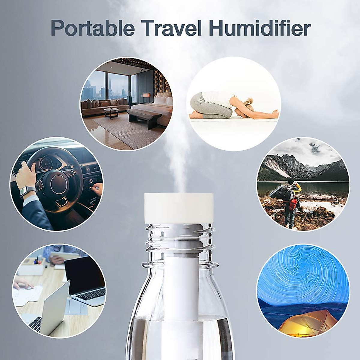 Car USB Humidifier with Container Diversity,Nano Ultrasonic Mini Cool Mist Humidifier Three Hours Auto-off Travel Humidifier Diffuser for Baby, Bedroom,Desk, Office-White Travel OutdoorGrey)