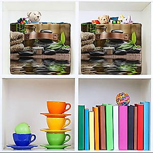 xigua Zen Basalt Stones on Wood Square Storage Basket,Collapsible Sturdy Fabric Storage Basket Cube W/Handles for Clothes Toy Closet(1 pcs)