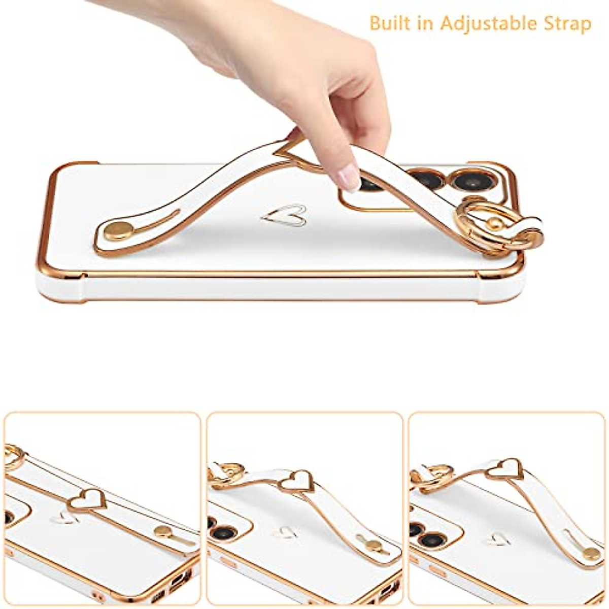 ZTOFERA Samsung Galaxy S23 Plus 5G Case with Kickstand,Luxury Cute Plating Edge Love Hearts Pattern Wrist Strap Finger Holder for Girls Women,Soft Shockproof Cover for Galaxy S23 Plus 6.6",White