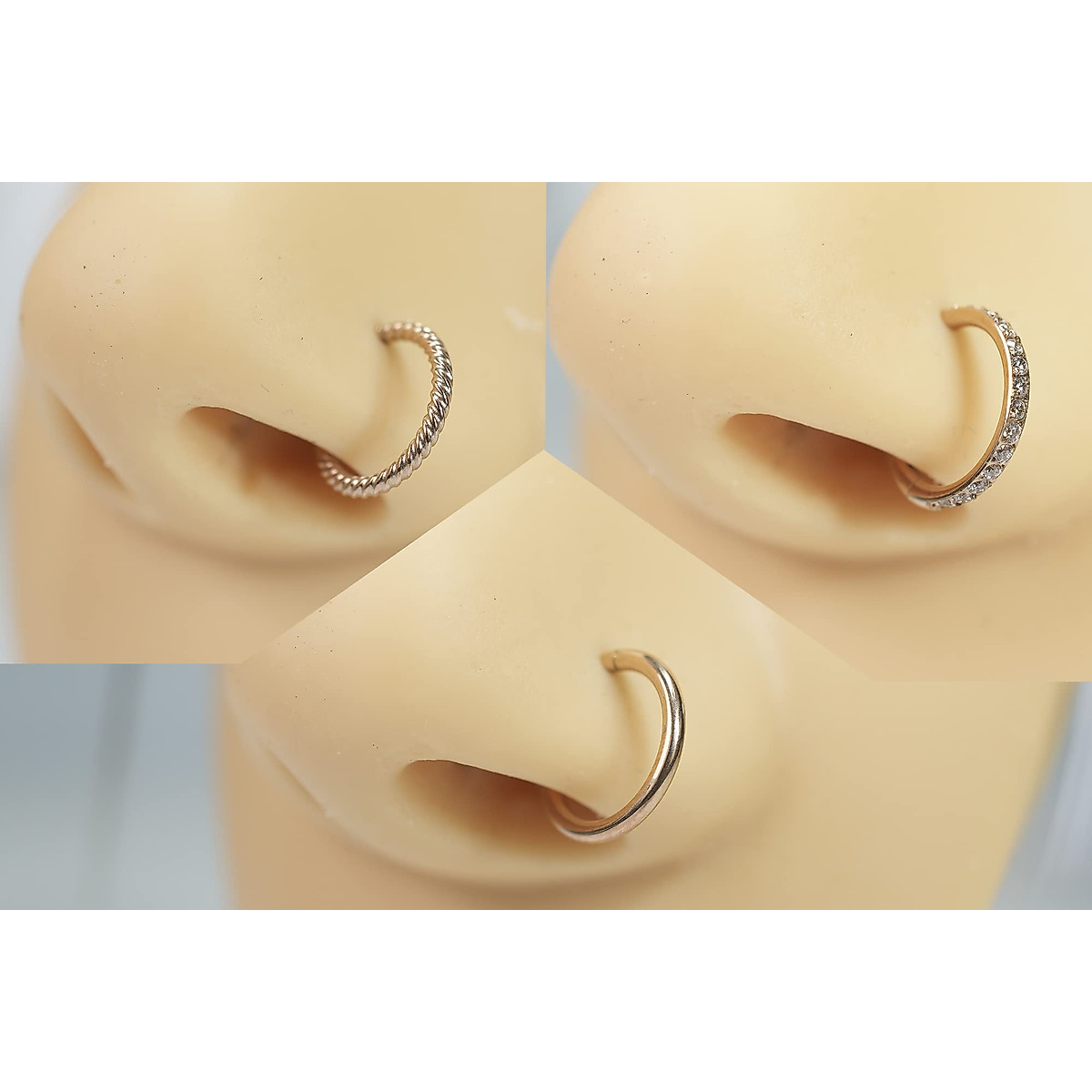 16G 8mm 10mm Hinged Clicker Segment CZ Twisted Clicker Nose Rings Hoop Helix Cartilage Daith Tragus Sleeper Earrings Body Piercing for Women Men (16G - 8mm - 3Pcs Gold)