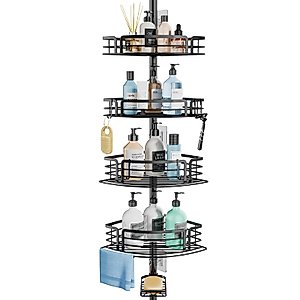 Consumest Corner Shower Caddy Organizer - Rustproof Shower Organizer Corner Tension Pole with Towel Bar & Soap Holder, Adjustable Shower Corner Shelf for Bath & Shower Storage, 27.6-108.3 inch, Black