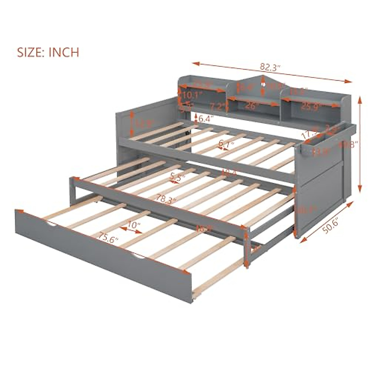 Bellemave Twin XL Daybed Captain Bed with 2 Twin Trundles and Storage Shelf Wooden Day Bed with USB Charging Ports for Kids, Boys and Girls No Box Spring Needed (Grey)