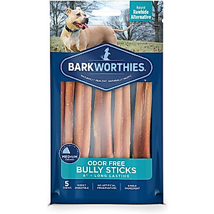 Barkworthies Odor Free Bully Sticks - 2 Pack (5 ct 6 inch) Premium Long Lasting, Protein-Packed, Grain Free Dog Treats and Dog Chews for Aggressive Chewers - Promotes Healthy Teeth for Dogs - E-Book