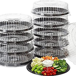 12 Pack Convenient Plastic Food Containers with Lids 12 in– Disposable Serving Tray – Black Serving Platter – Food Tray – Recyclable Plastic Tray with Clear Lid – Serving Trays for Party And Occasions