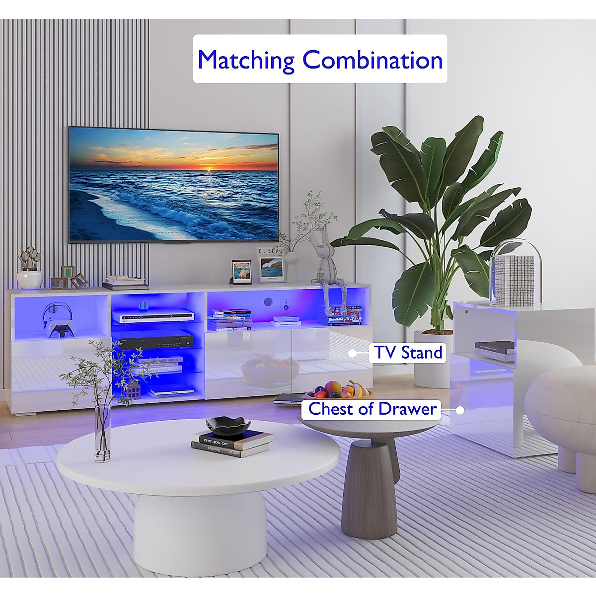 jiteentarou 79IN LED TV Stand for 75/80/85inch TV,High Glossy Modern TV Stand for Living Room,TV Entertainment Center with Adjustable Storage Shelf,RGB LED Lighting,TV Console(White)