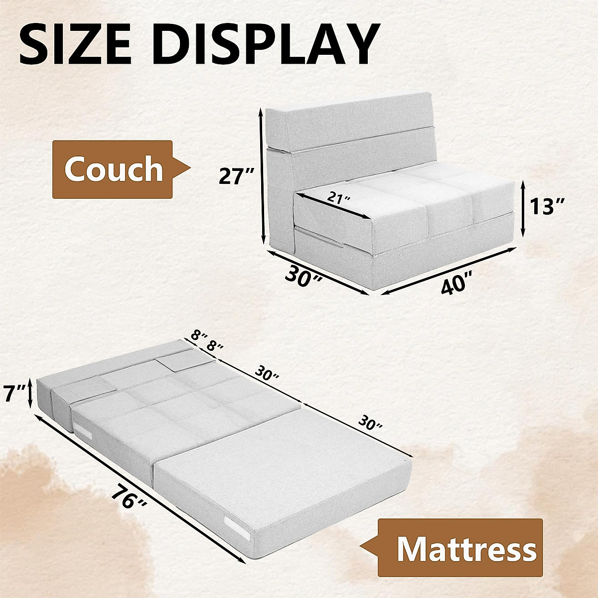 VINYUSE Folding Sofa Bed,Convertible Sleeper Chair Floor Couch,7 inch High Resilience Memory Foam, Futon Sofa Sleeper Chair with Washable Cover for Living Room/Bedroom 76" x 40" x 7",Grey