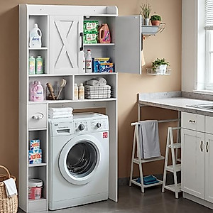 YESHOMY Over The Toilet Storage Cabinet, with 2 Farmhouse Barn Door, Tissue Holder, Adjustable Shelves, White