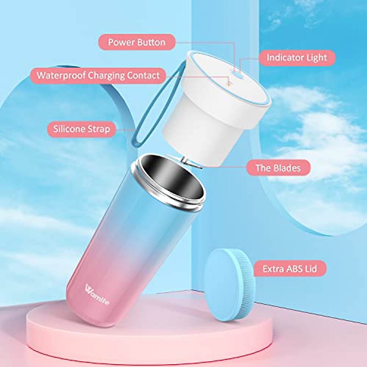 Wamife Portable Blender, Stainless Steel Personal Blender for Shakes and Smoothies, Rechargeable Smoothie Blender Keep Juice Fresh and Cold Mini Blender for Travel Sports