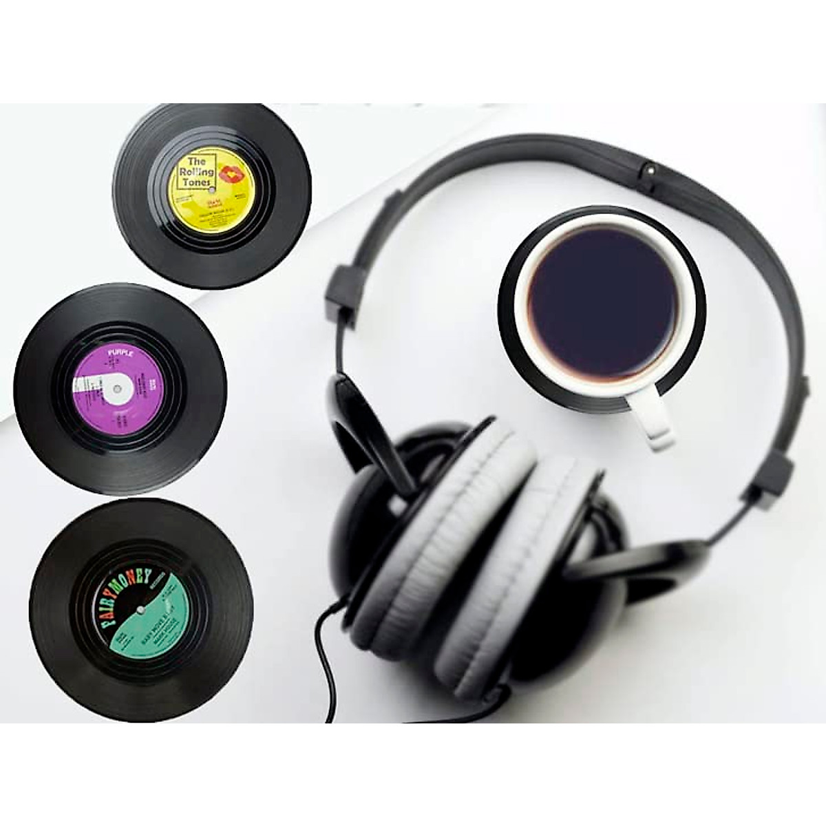 MECOWON Vinyl Record Coasters with Record Player Holder - 6Packs, Cool Coasters for Music Lovers