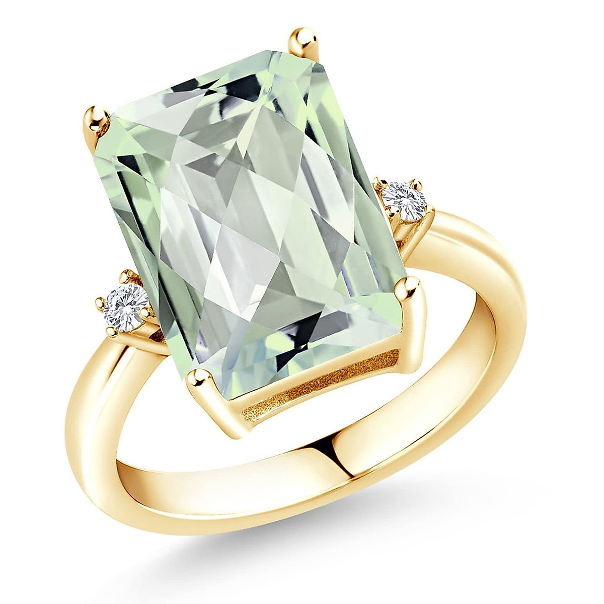 Gem Stone King 18K Yellow Gold Plated Silver Green Prasiolite and White Diamond Ring For Women (6.67 Cttw, Emerald Cut Checkerboard 14x10MM, Gemstone Birthstone, Available In Size 5, 6, 7, 8, 9)