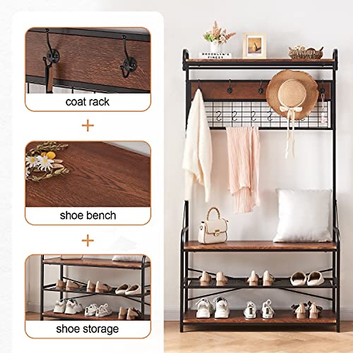 HOMISSUE 5-In-1 Entryway Hall Tree with Shoe Bench, Coat Rack with 11 Hooks and 2 Hanging Rods, Grid Panel for Memo and Photo Display, Brown Finish
