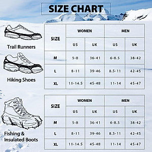 Sfee Ice Snow Grips Crampons Traction Cleats,19 Stainless Steel Spikes for Women Men Kids, Anti Slip Flexible Shoe/Boot Footwear for Walking Climbing Hiking Fishing Outdoor(Black,L(US:8-11))