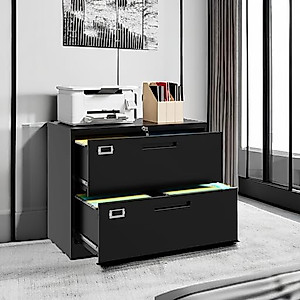 Lateral File Cabinet with Lock 2 Drawer Metal Filing Cabinet, Lateral Filing Cabinet with Lock for Home Office, Locking Metal Steel Wide File Cabinet for Legal/Letter A4 Size Black