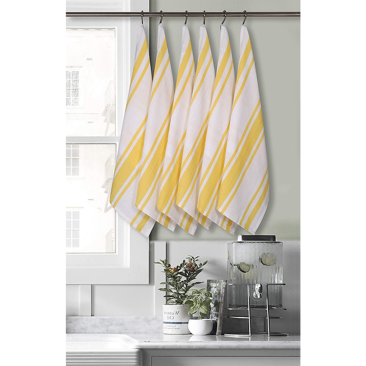 Heavy Duty Oversized Kitchen Towels & Dishcloth (Set of 6 Yellow 18x28) Highly Absorbent, Professional Grade Cotton Tea Towels for Everyday Cooking and Baking- Modern Clean Striped Pattern