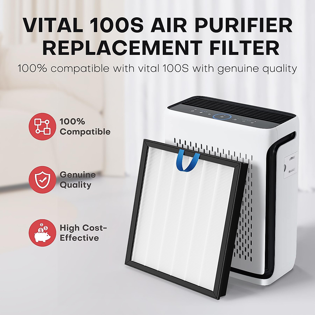 2 Packs Vital 100S Air Purifier Replacement Filter Compatible with LEVOIT Vital 100S, 3-in-1 HEPA Filter, High-Efficiency Activated Carbon, remove dust, pollen, pet dander, smoke, White